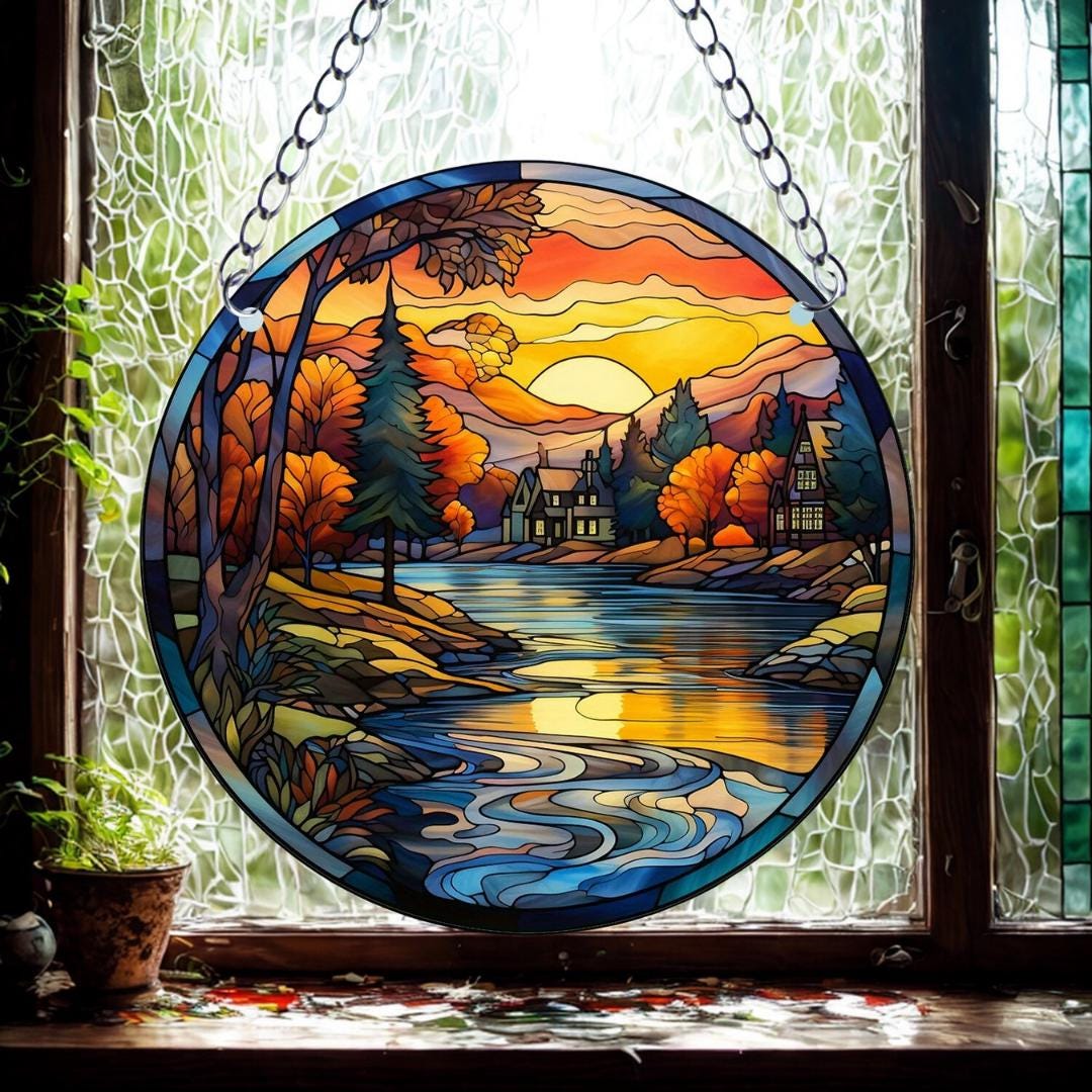 Stained Glass & Acrylic Mountain River Panel | Nature Wall Art | Rustic ...