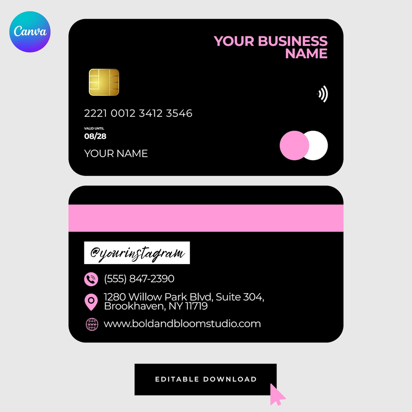Pink & Black Credit Card Business Card Canva Template (digital Download ...