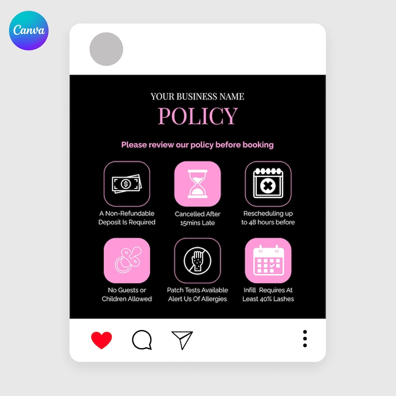 Lash Tech Policy Instagram Templates (4 Posts) General Policy | Late ...