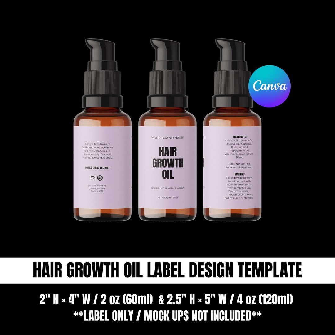 Hair Growth Oil Label Template for Canva: DIY Cosmetic Labels (instant ...