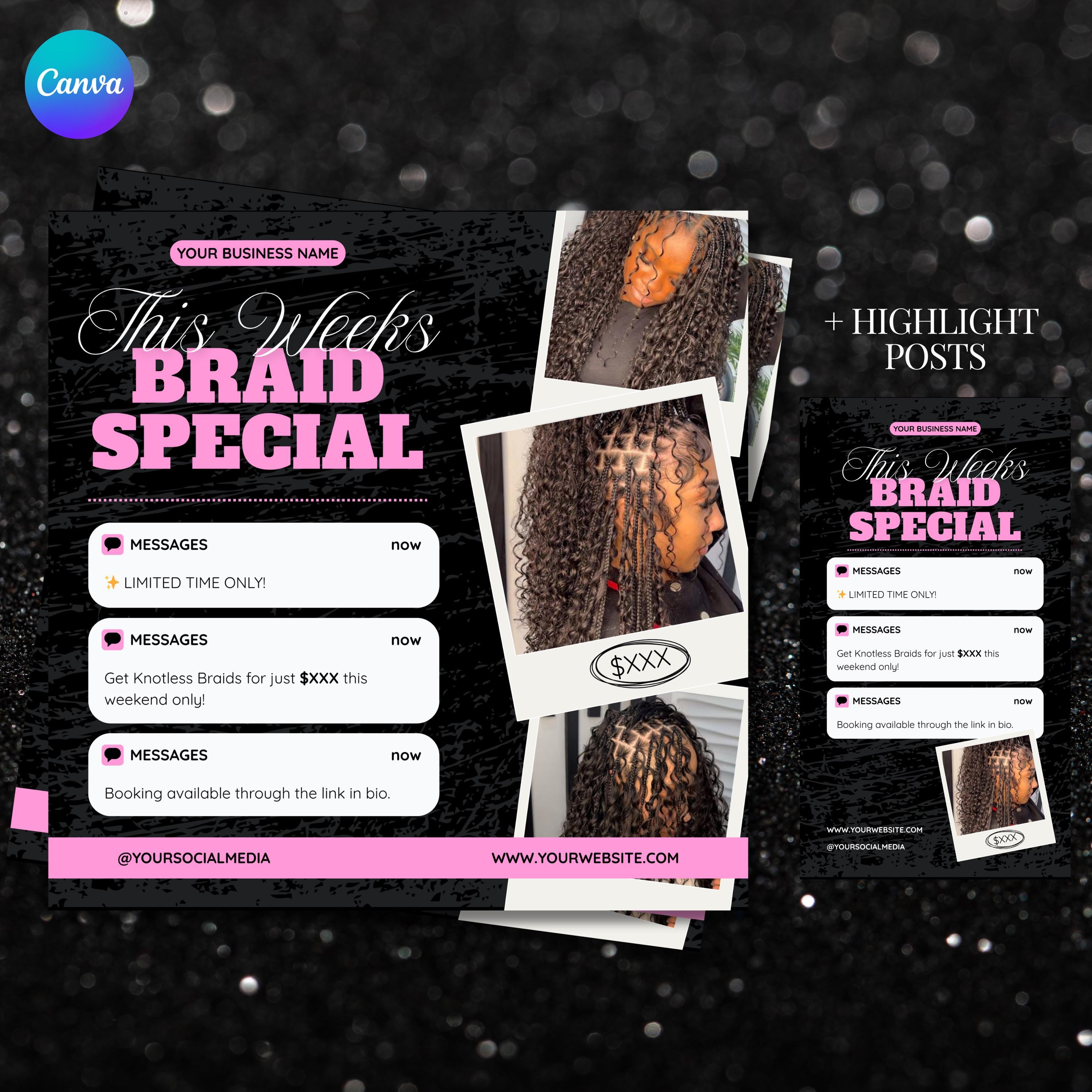 Hair Braiding Instagram Template Bundle: DIY Salon Promo (canva ...
