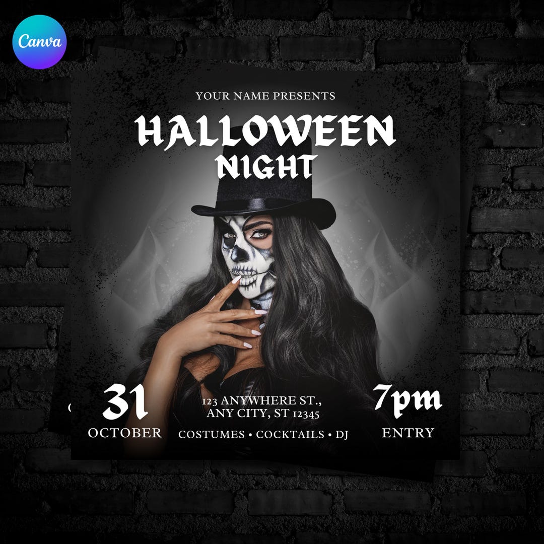 Editable Spooky Halloween Party Flyer: Skull Themed Invitation (canva ...
