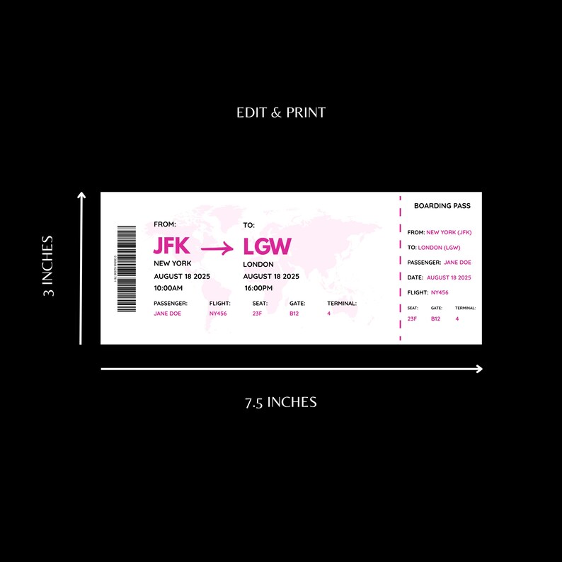 Editable Pink Boarding Pass Canva Template, Printable Airline Ticket ...