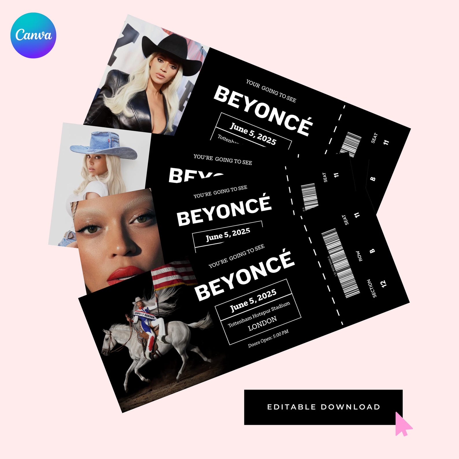 Editable Beyoncé Cowboy Carter Tour Concert Ticket | 4 Designs | Editable Template | Canva - Etsy