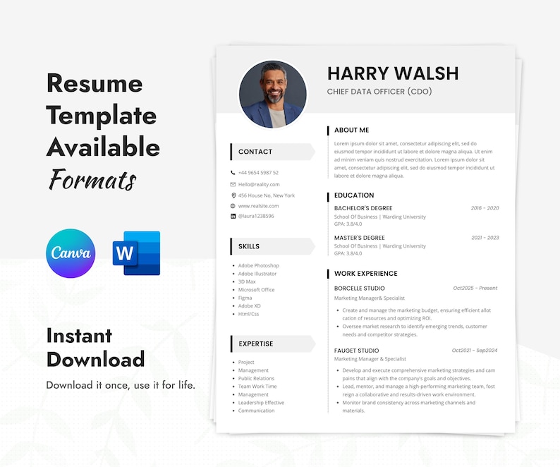 Modern Resume Template – Editable CV for Word & Canva (digital Download ...