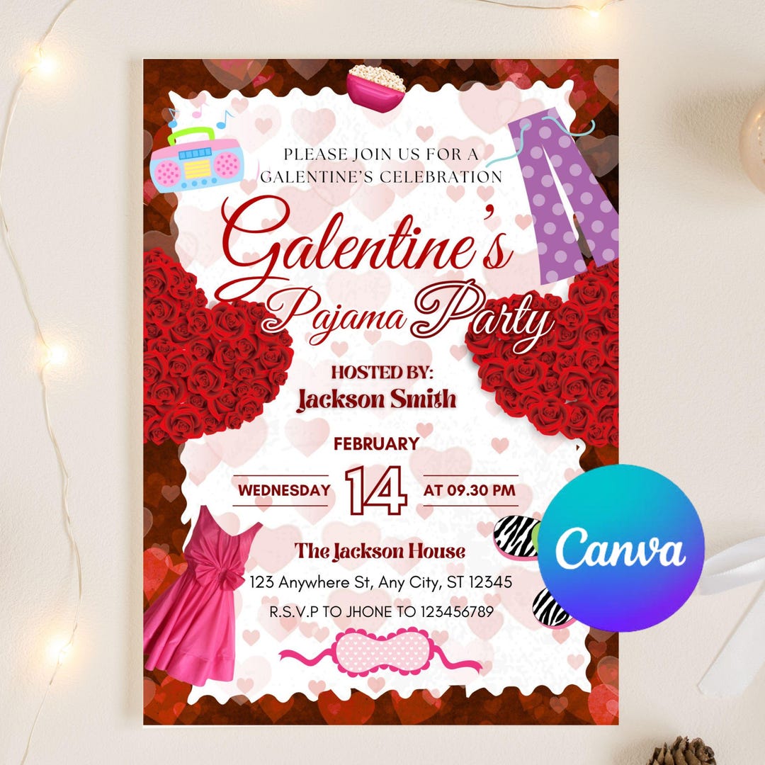 Galentine's Day Pajama Party Invitation, Pink & Red Bow Sleepover ...