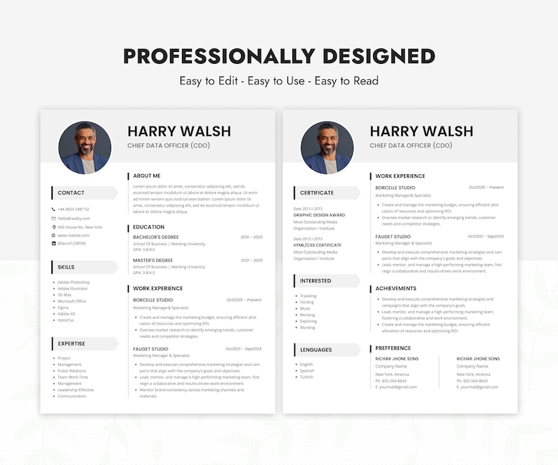 Modern Resume Template – Editable CV for Word & Canva (digital Download ...