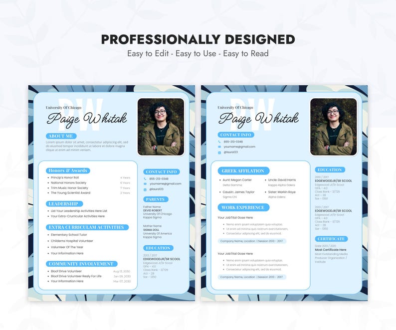 Sorority Rush Resume Template: Canva & Word, Cover Letter (digital ...