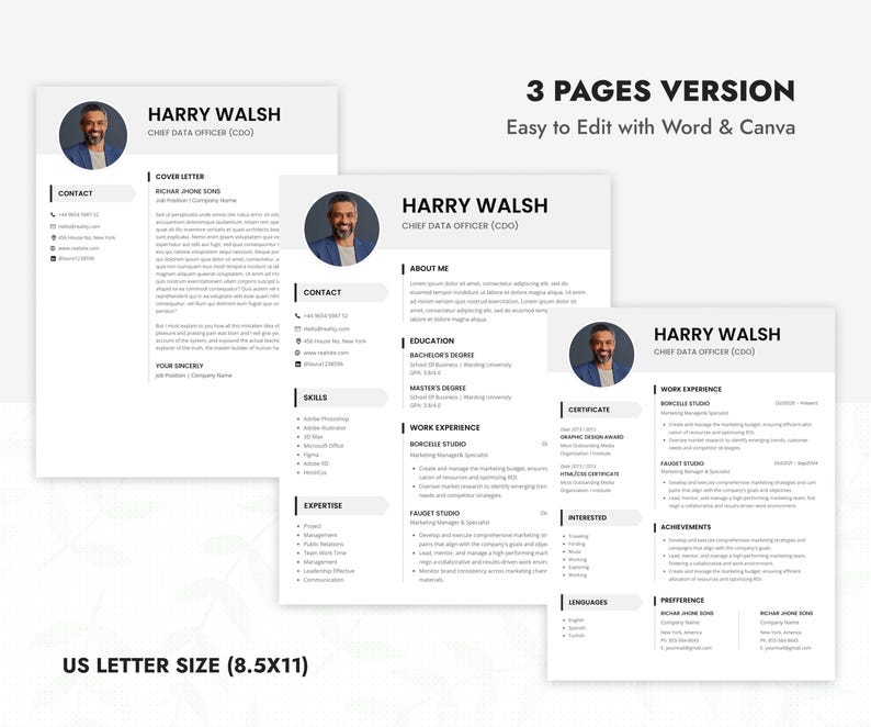 Modern Resume Template – Editable CV for Word & Canva (digital Download ...