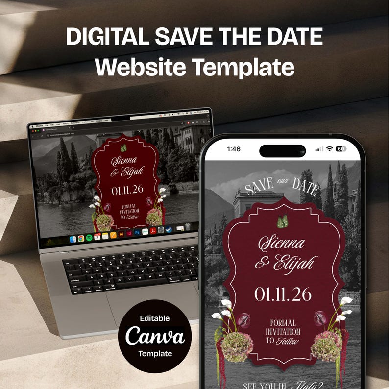 Burgundy Floral Save the Date Website: Canva Digital Invitation ...