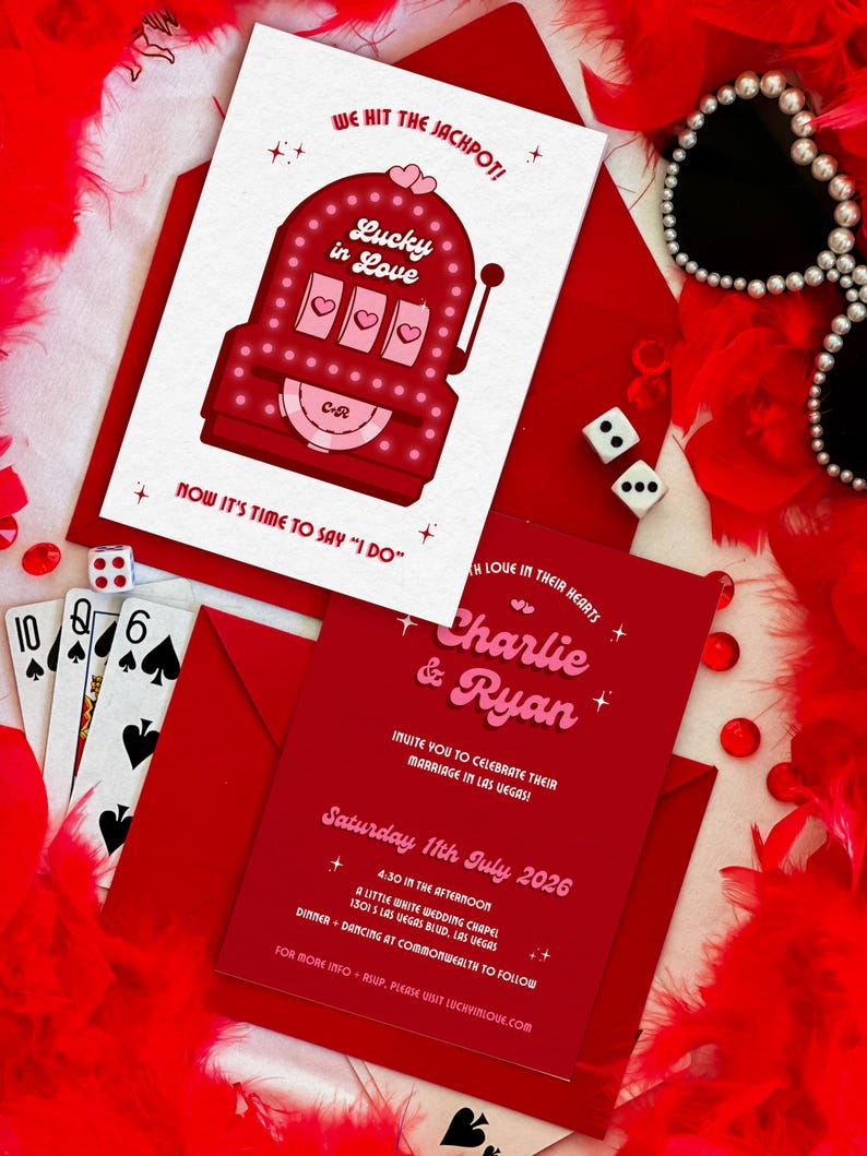 Retro Vegas Wedding Invitation: Lucky in Love Slot Machine (DIY Canva ...