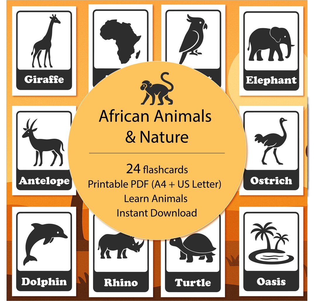 African Animal Flashcards for Toddlers – Black & White Printable PDF ...