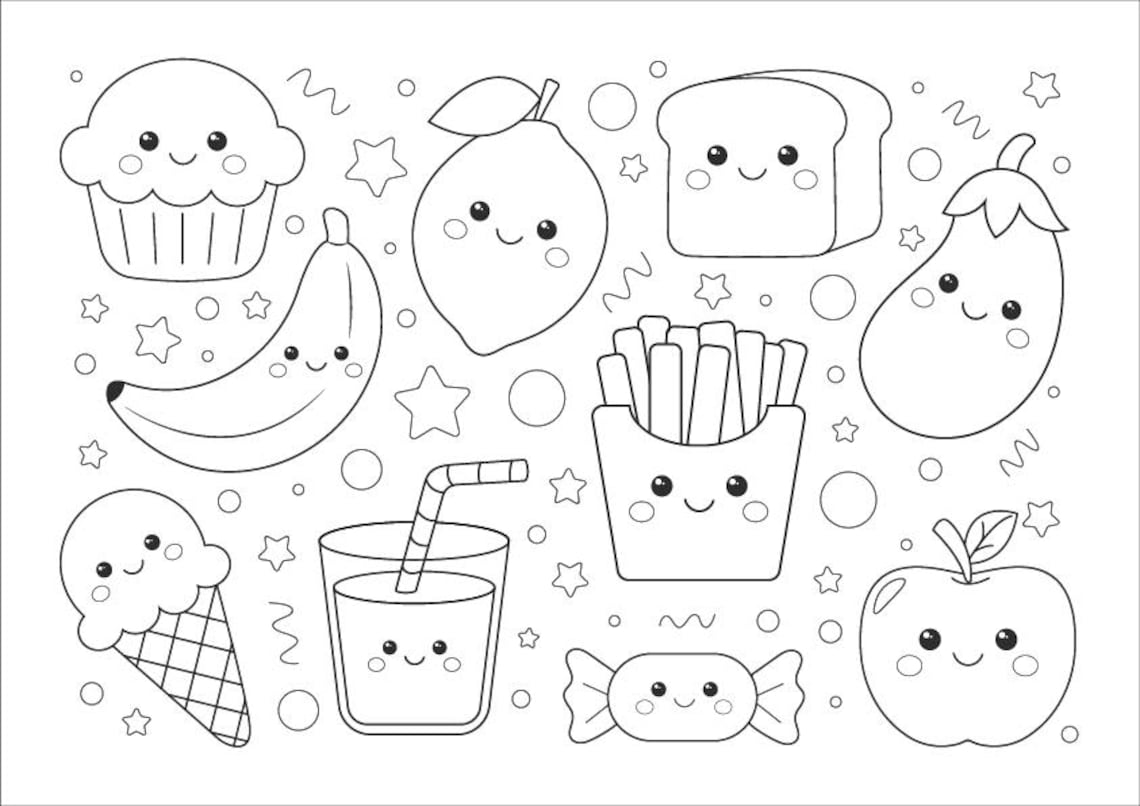 Printable Cute Food Coloring Page for Kids – Kawaii Kawaii Food Friends ...