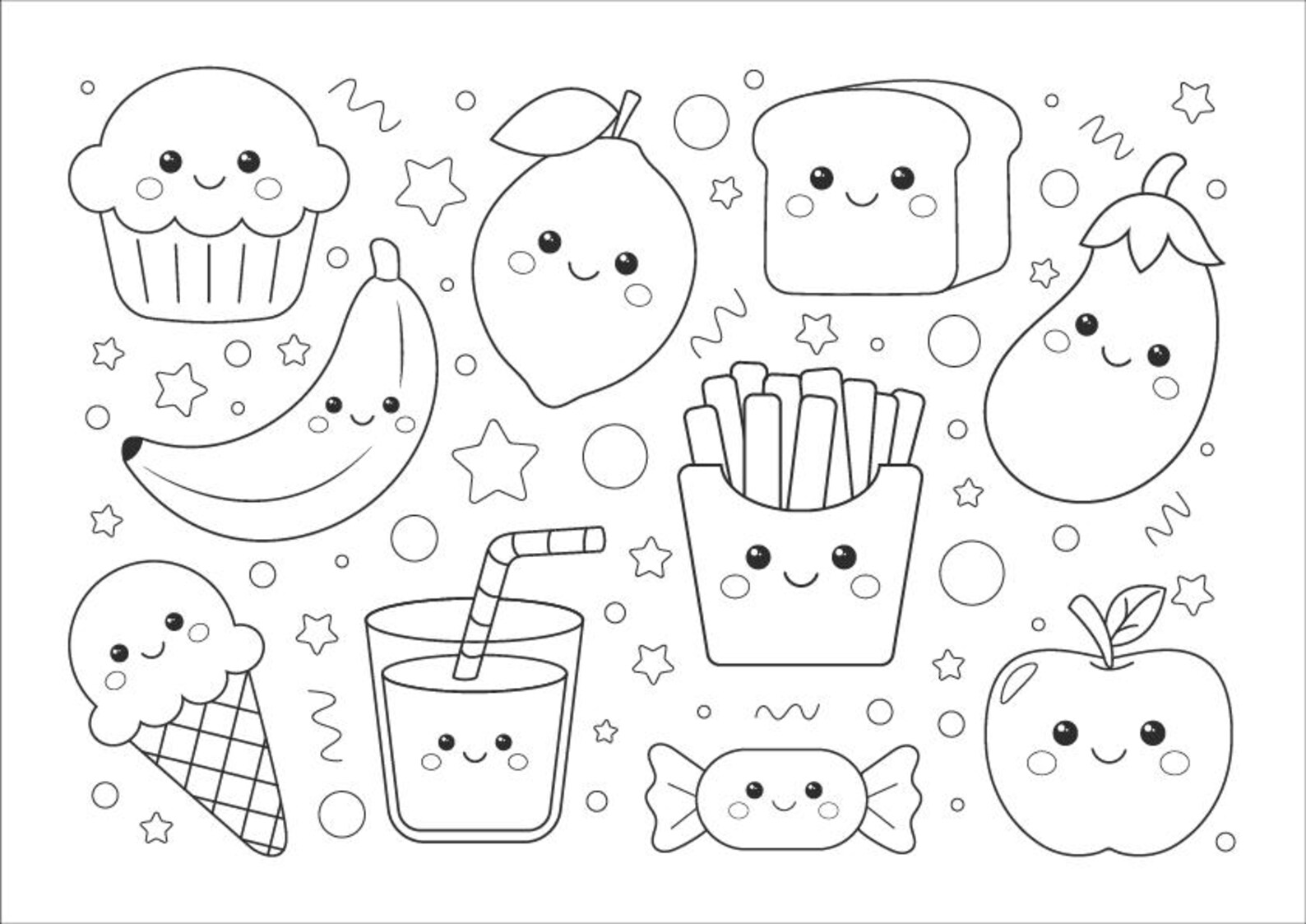 Printable Cute Food Coloring Page for Kids – Kawaii Kawaii Food Friends ...