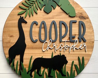 Safari Jungle Round Wood Name Sign | Etsy