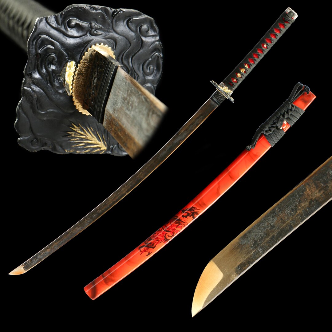 Handmade Red-blade Katana – 1095 Steel, Oxidized Finish, Dragon ...