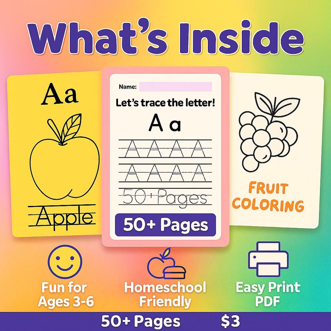 Preschool Worksheet Bundle | ABC Tracing, Alphabet Coloring, Fruit ...