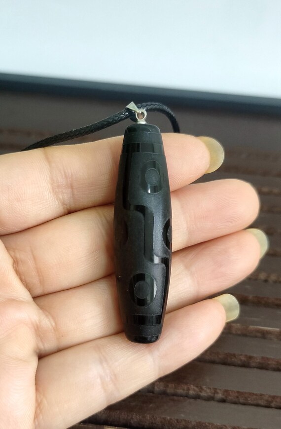 Obsidian Dzi Bead Amulet: Tibetan 9 Eyes Totem Pendant - Gem