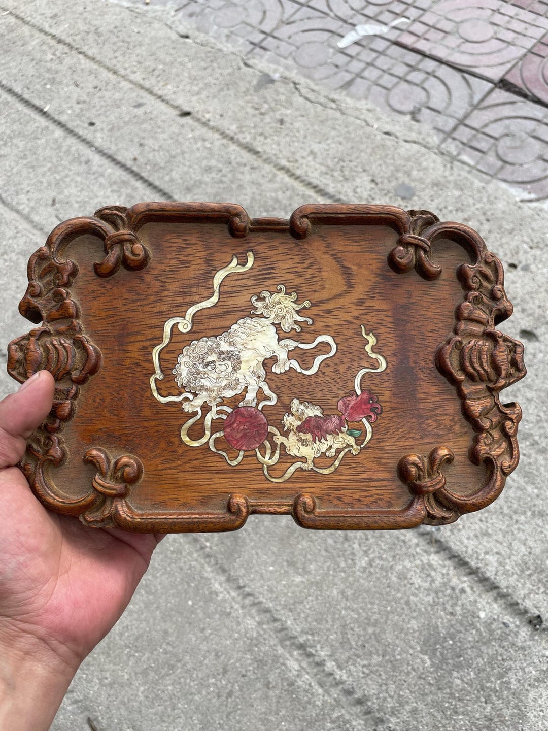 Vintage Rosewood Tea Tray: Inlaid Shell Lions, Chinese Ornamental Tray ...