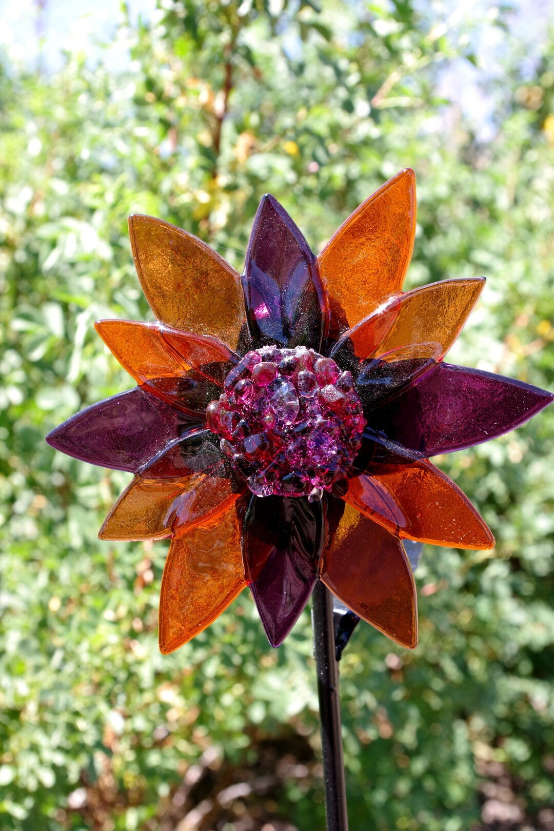 Multi-colored Petal Fused Glass Garden Flower, 32" Steel Stem, Hand ...