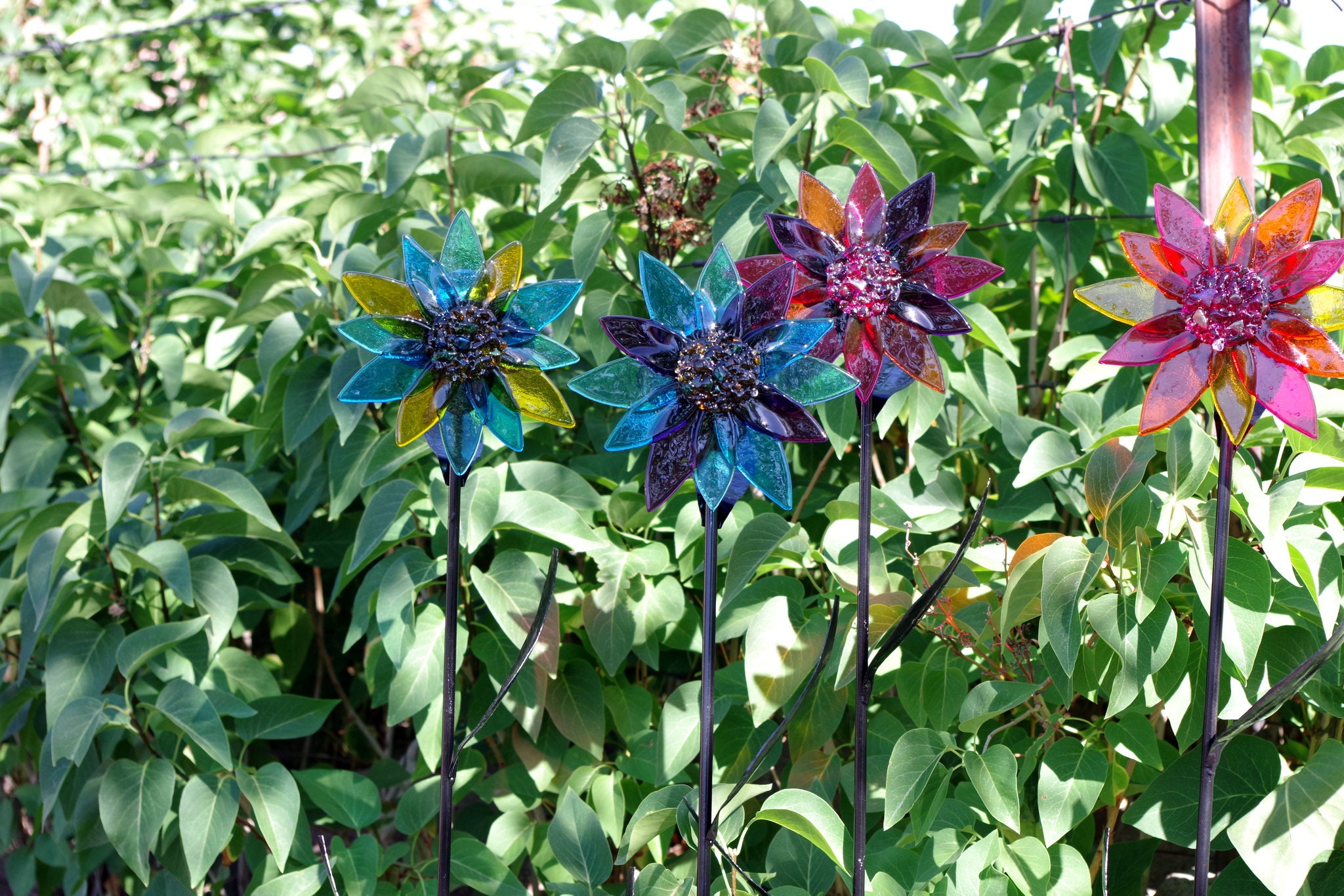 Fused Glass Flower Garden Art: Multi-colored Petals, 32" Steel Stem ...
