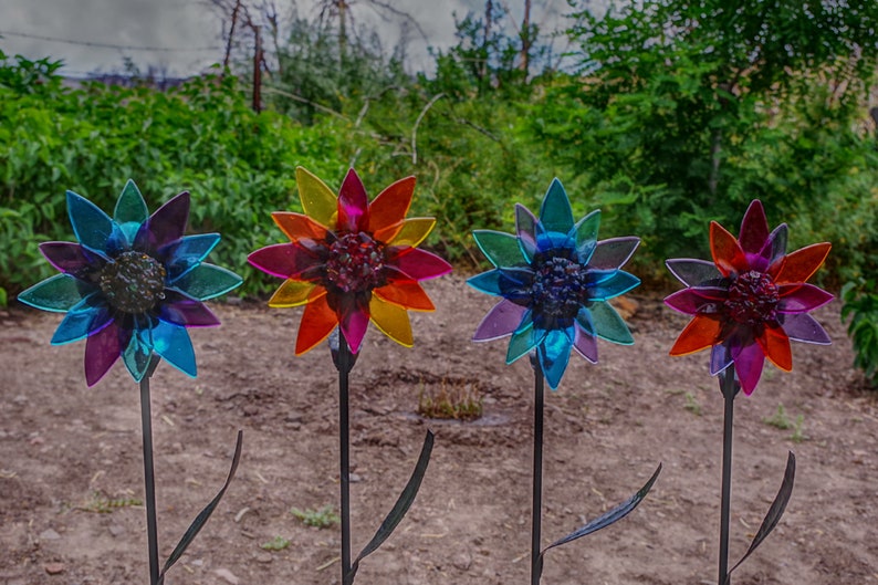 Fused Glass Flower Garden Art: Multi-colored Petals, 32" Steel Stem ...