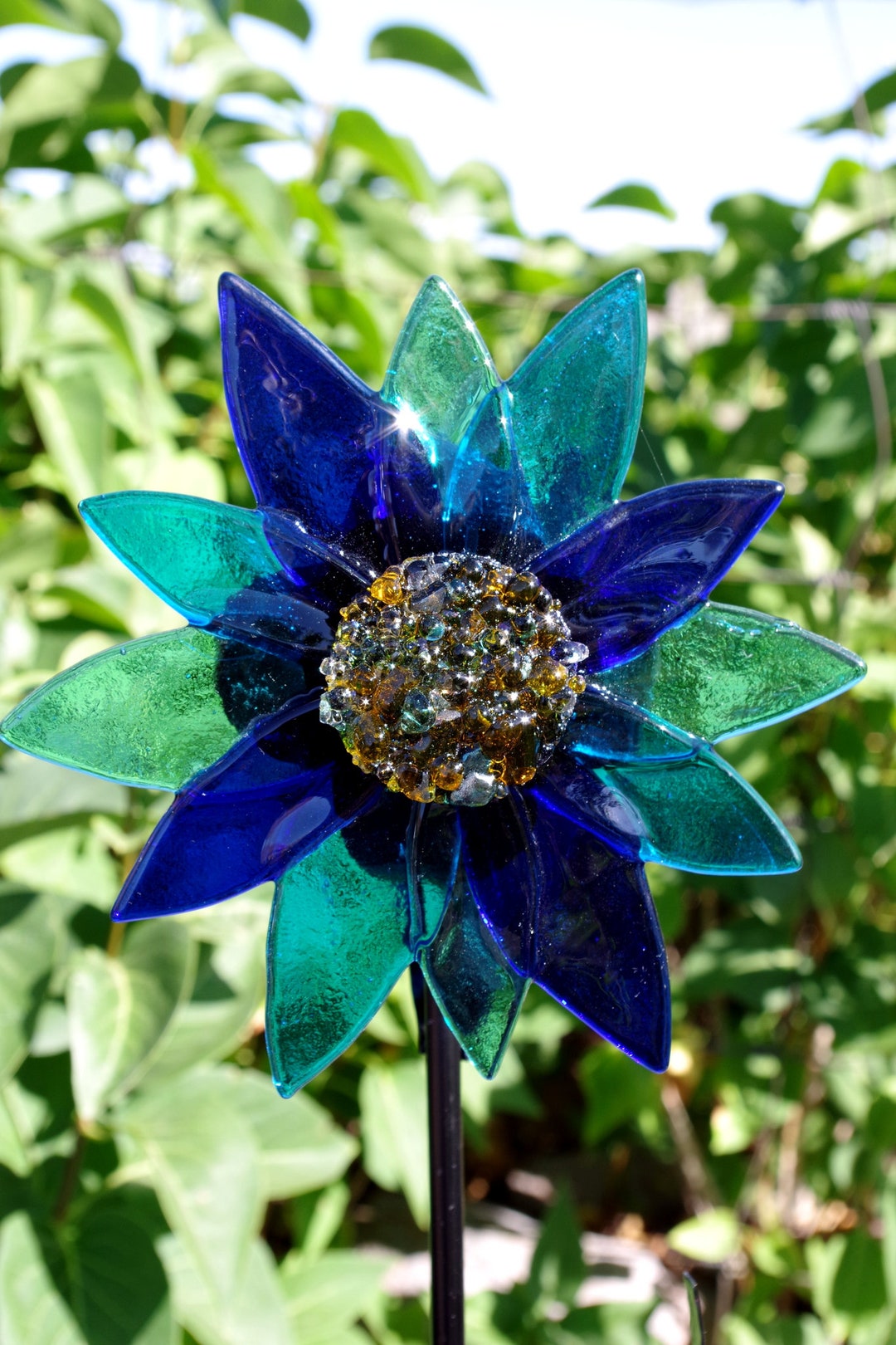 Fused Glass Garden Flower:multi-colored Petals, 32" Steel Stem, Hand ...