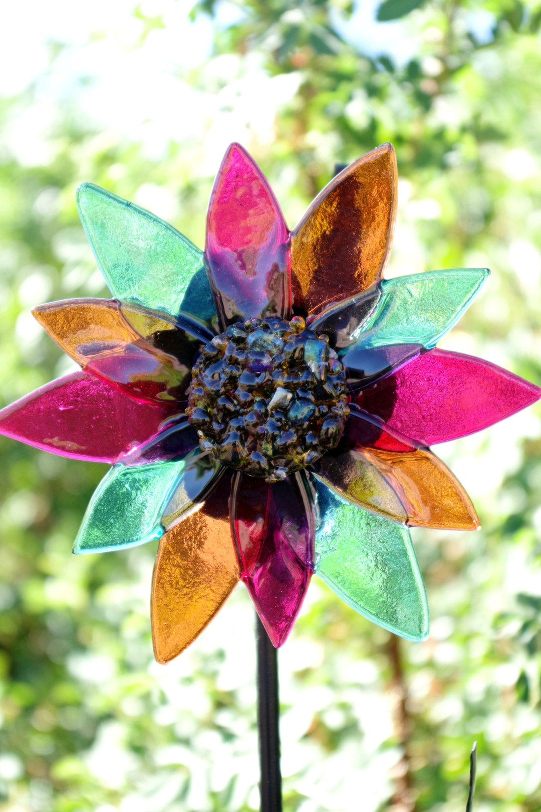 Fused Glass Garden Art: Large Glass Flower,multi-colored Petals, 32 ...