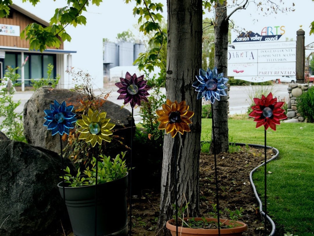 Fused Glass Garden Art: Large Glass Flowers, 32" Stem, Indoor/outdoor ...