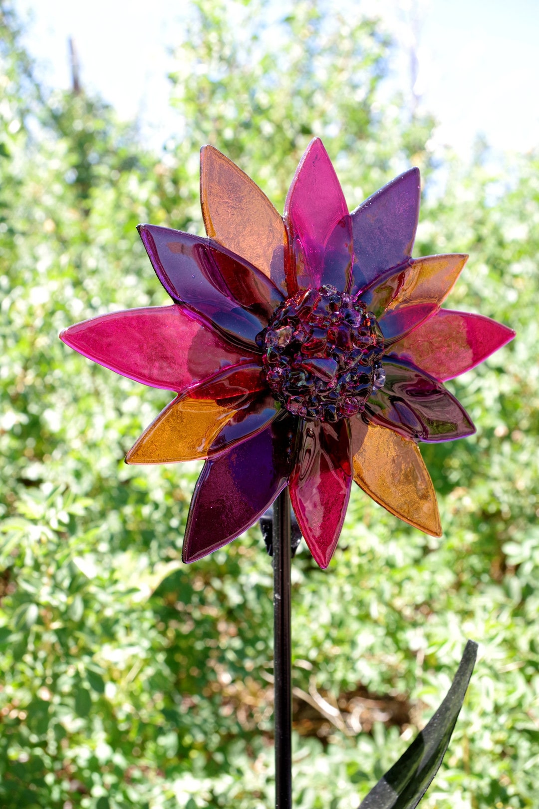 Fused Glass Garden Flower: Multi-colored Petals, Steel Stem, Hand ...