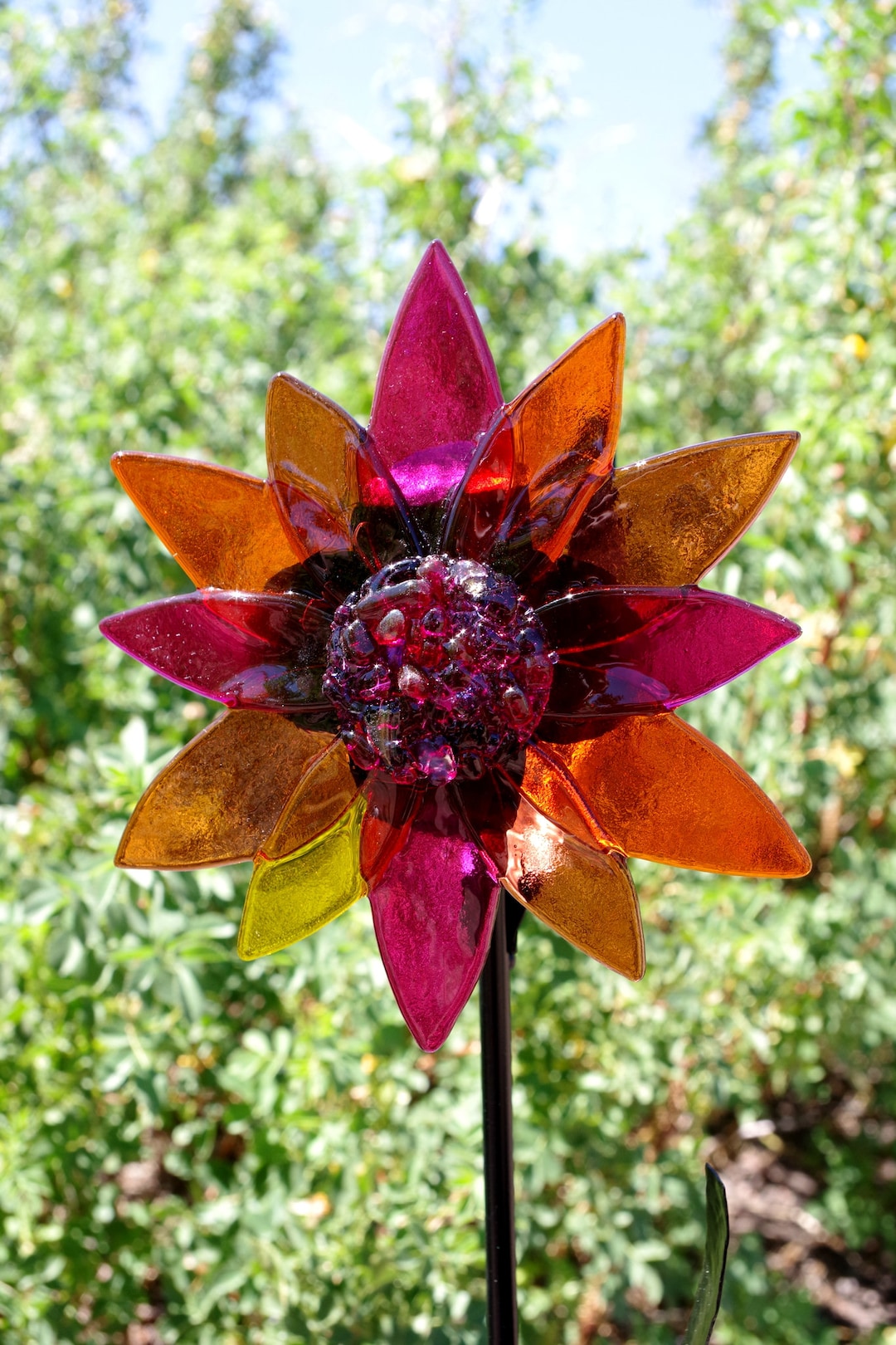 Garden Party Glass Flowers With Leaves, Multi Colored Petals, Spring ...