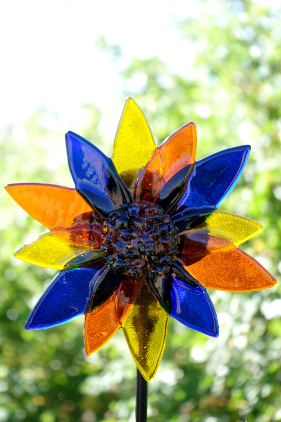 Fused Glass Garden Flower: Multi-colored Petals, 32" Steel Stem, Hand ...