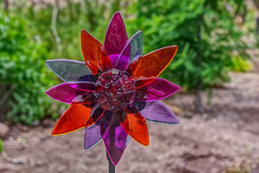 Fused Glass Garden Flower: Beautiful Multi-colored Petals, 32" Steel ...