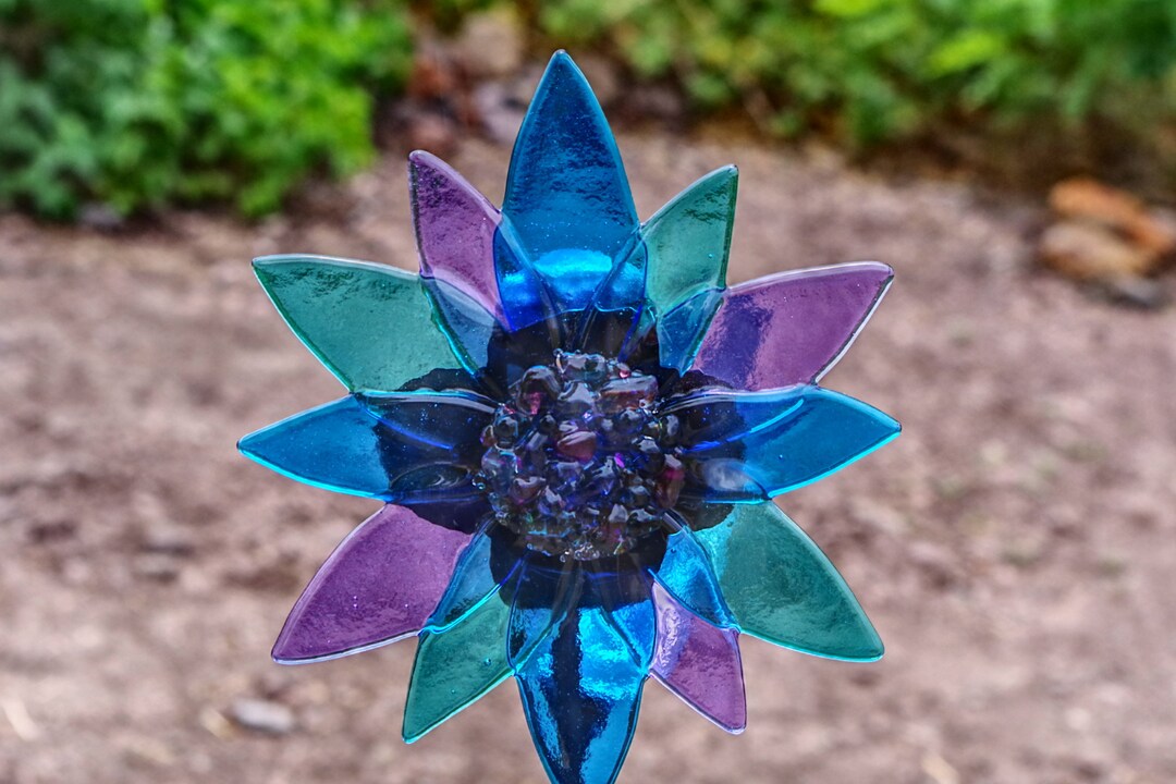 Fused Glass Flower Garden Art: Multi-colored Petals, 32" Steel Stem ...