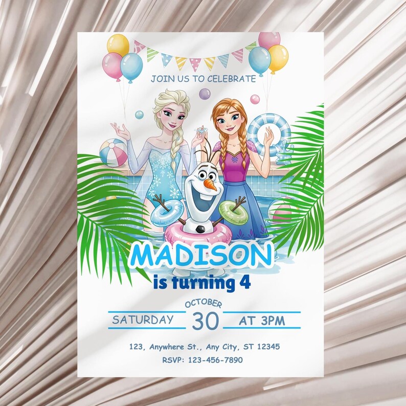 Frozen Summer Party Birthday Invitation, Pool Party Princess Elsa Anna ...