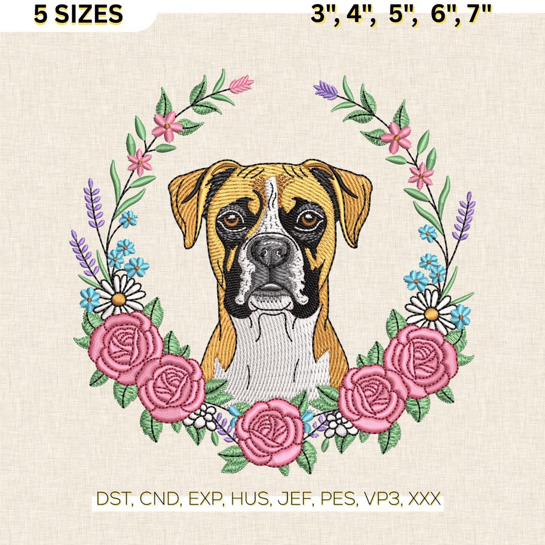 Floral Boxer Embroidery Design: Pet Lover, Flower & Dog Machine File ...
