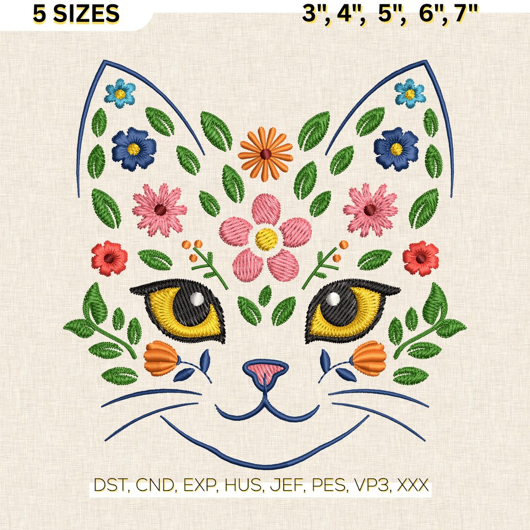 Floral Cat Machine Embroidery Design, Botanical Kitty Embroidery ...