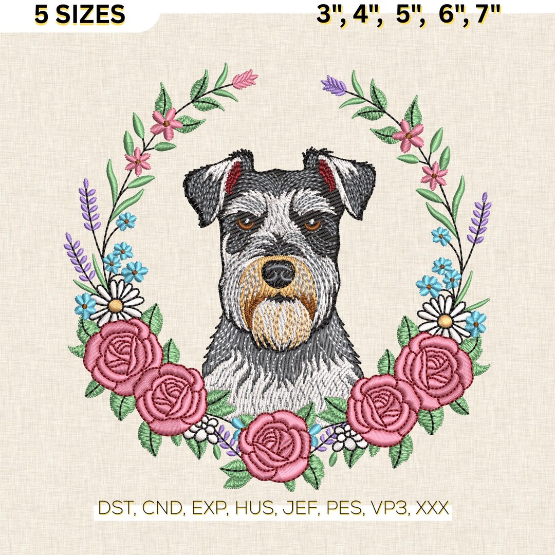 Floral Miniature Schnauzer Embroidery Design: Pet Lover, Flower & Dog ...