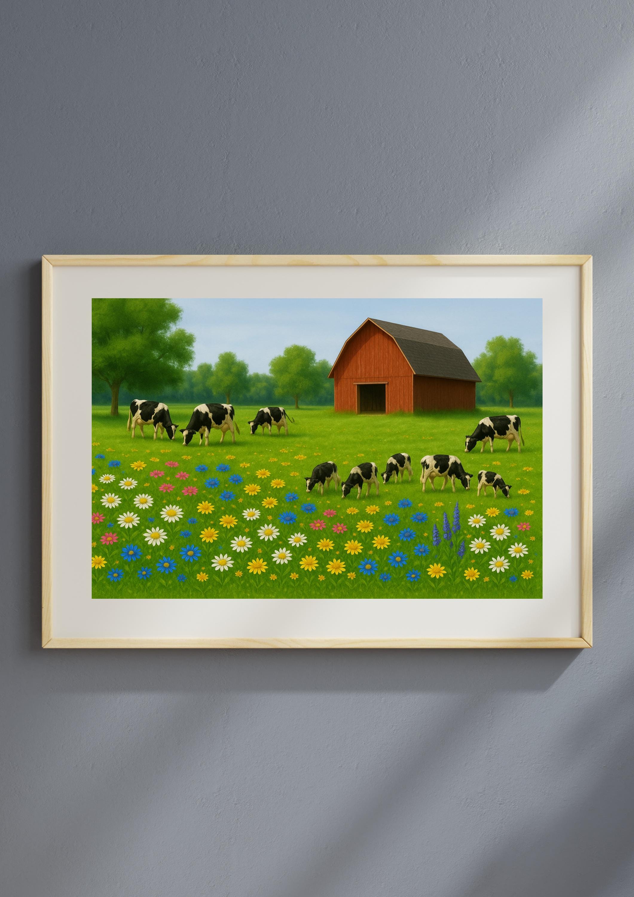 Farmhouse Wall Art Printable - Red Barn With Cows and Wildflowers ...