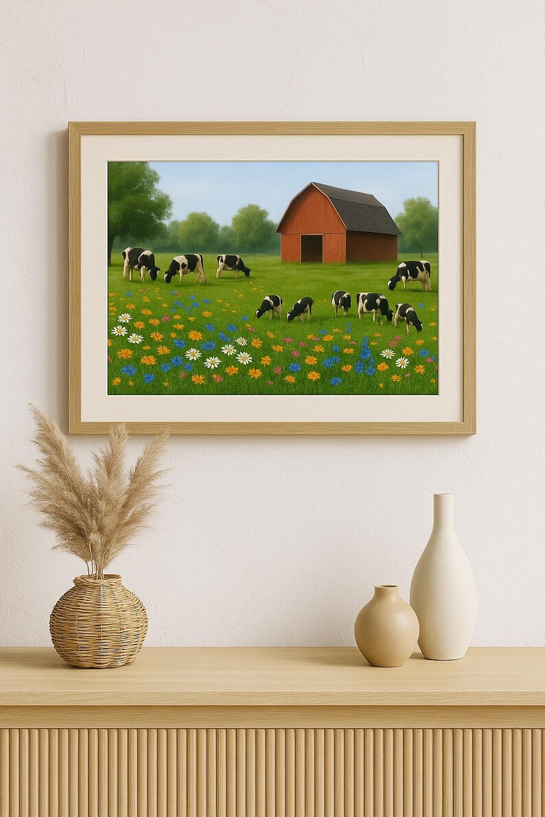 Farmhouse Wall Art Printable - Red Barn With Cows and Wildflowers ...