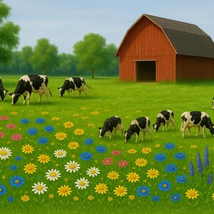 Farmhouse Wall Art Printable - Red Barn With Cows and Wildflowers ...