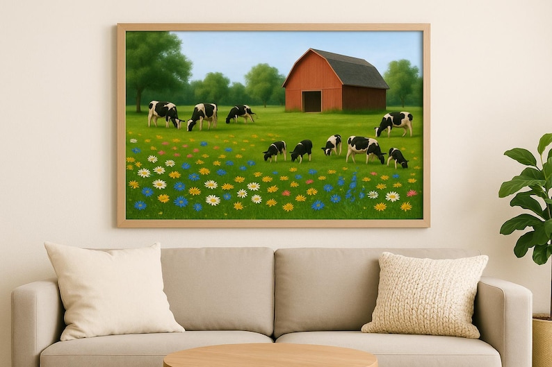 Farmhouse Wall Art Printable - Red Barn With Cows and Wildflowers ...