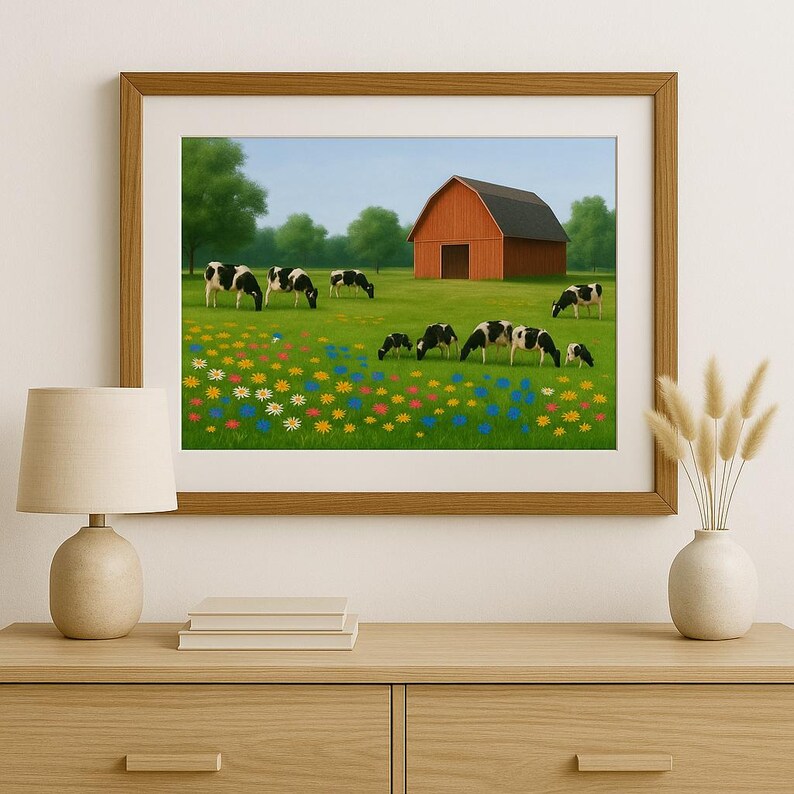 Farmhouse Wall Art Printable - Red Barn With Cows and Wildflowers ...