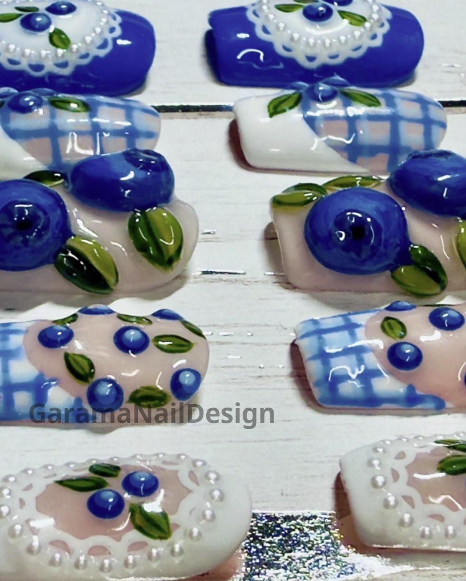 Blueberry Cottagecore Press on Nails, 3D Fruit and Gingham Design ...