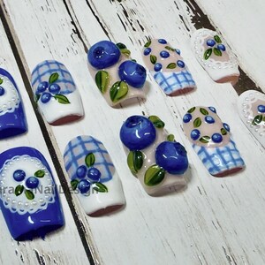 Blueberry Cottagecore Press on Nails, 3D Fruit and Gingham Design ...