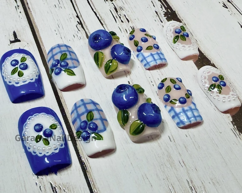 Blueberry Cottagecore Press on Nails, 3D Fruit and Gingham Design ...