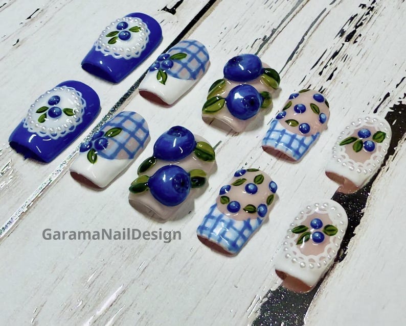 Blueberry Cottagecore Press on Nails, 3D Fruit and Gingham Design ...