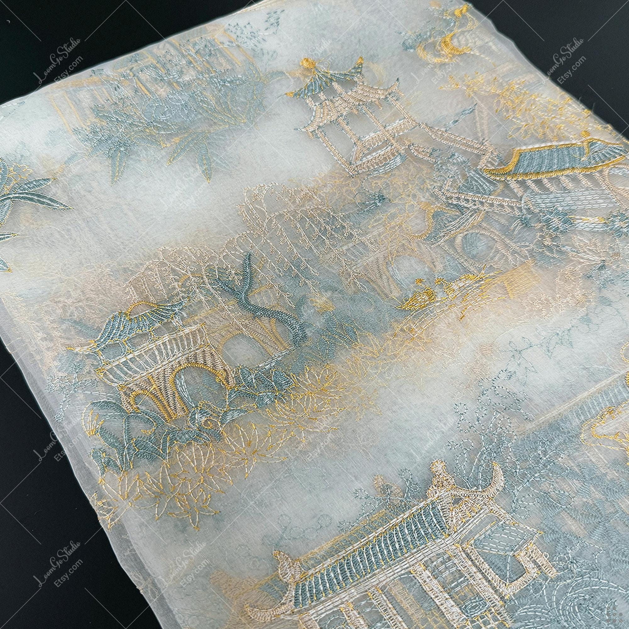 Mulberry Silk Organza Fabric: Chinese Pavilion Embroidery, Sheer Hanfu ...