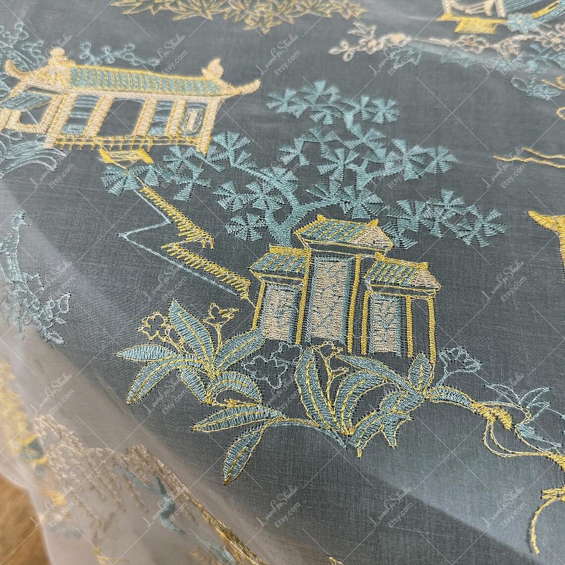 Mulberry Silk Organza Fabric: Chinese Pavilion Embroidery, Sheer Hanfu ...
