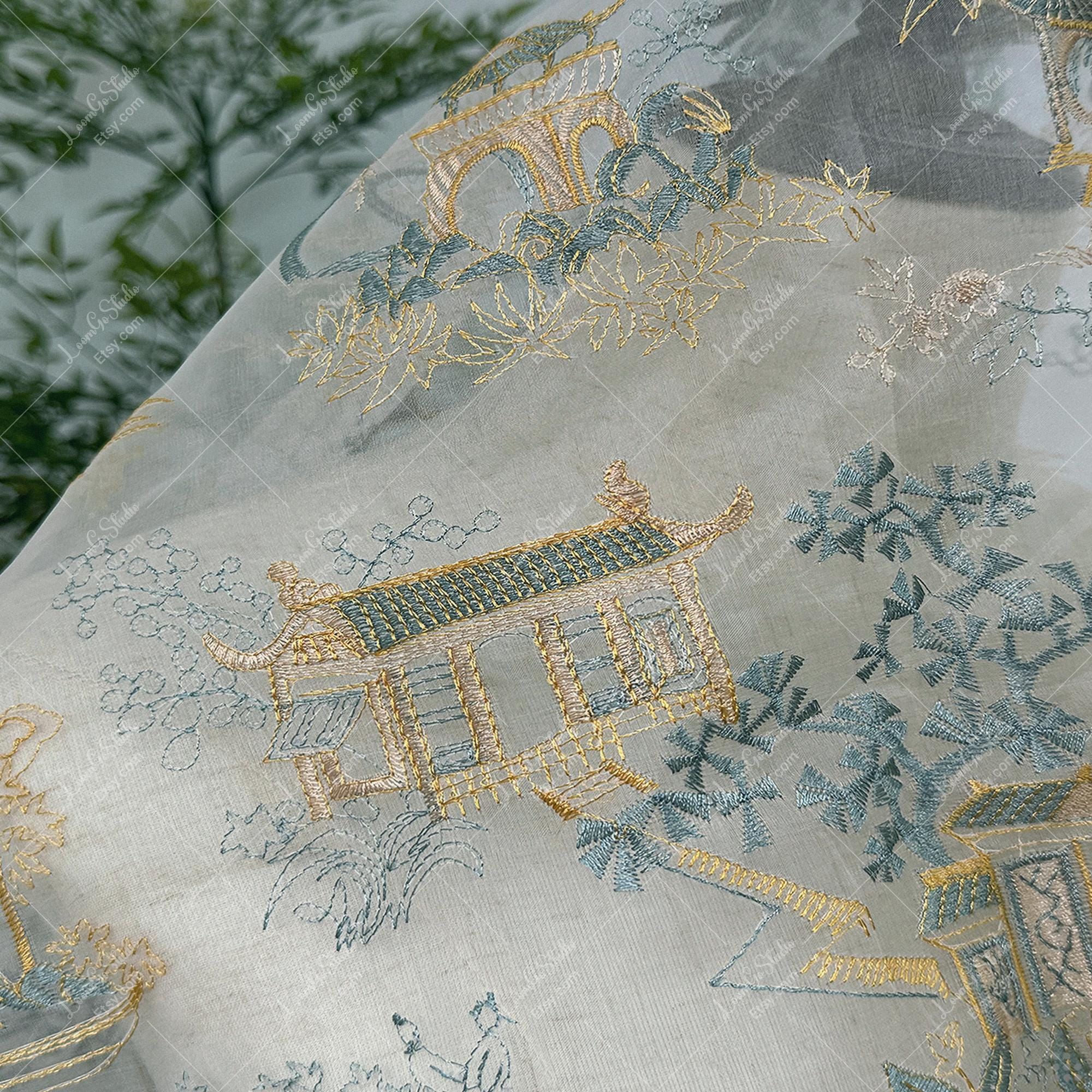 Mulberry Silk Organza Fabric: Chinese Pavilion Embroidery, Sheer Hanfu ...